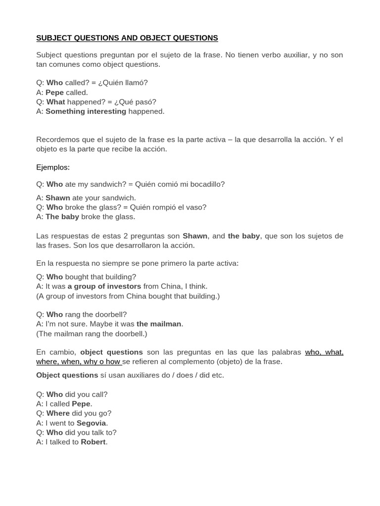 Subject questions and object questions | PDF