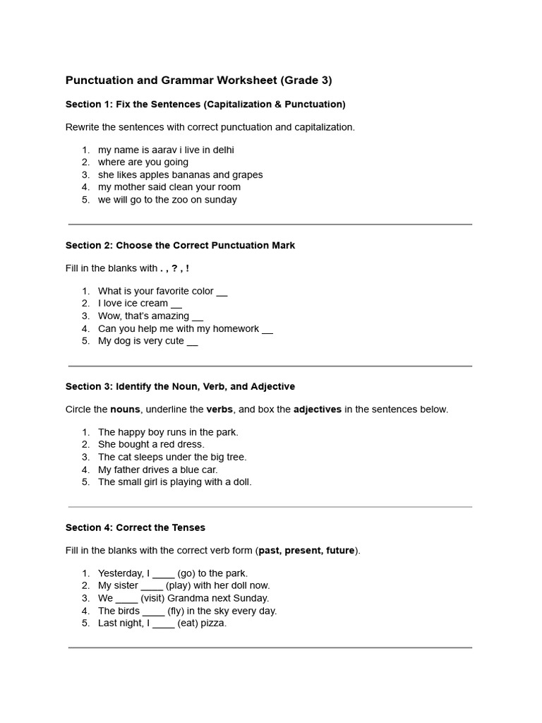 Punctuation and Grammar Worksheet (Grade 3) | PDF