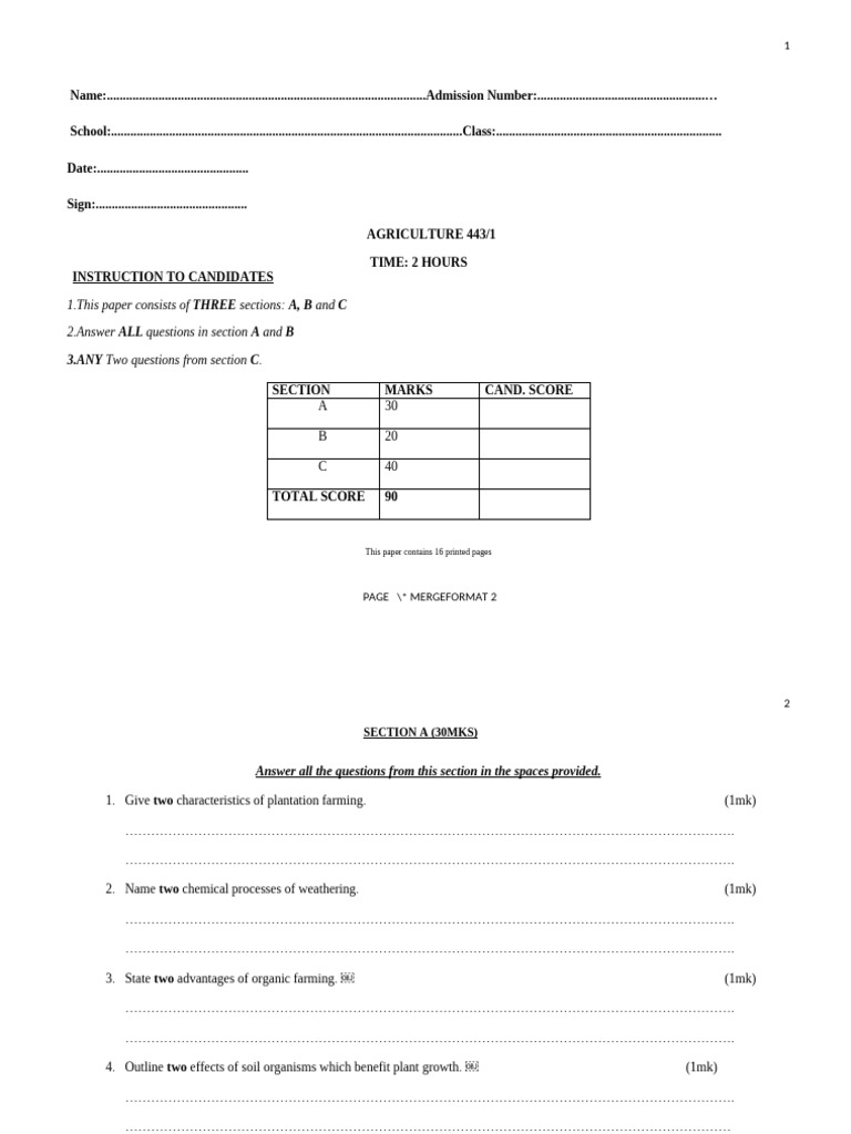 Form 3 Agriculture Question Paper End t1 2024 Teacher - Co .Ke 1 | PDF ...