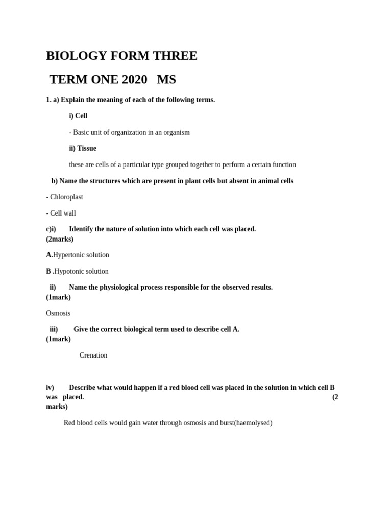 Set1 Bio Ms MidTerm 1 2021 Teacher - Co .Ke F3 Exam | PDF | Kidney | Excretion