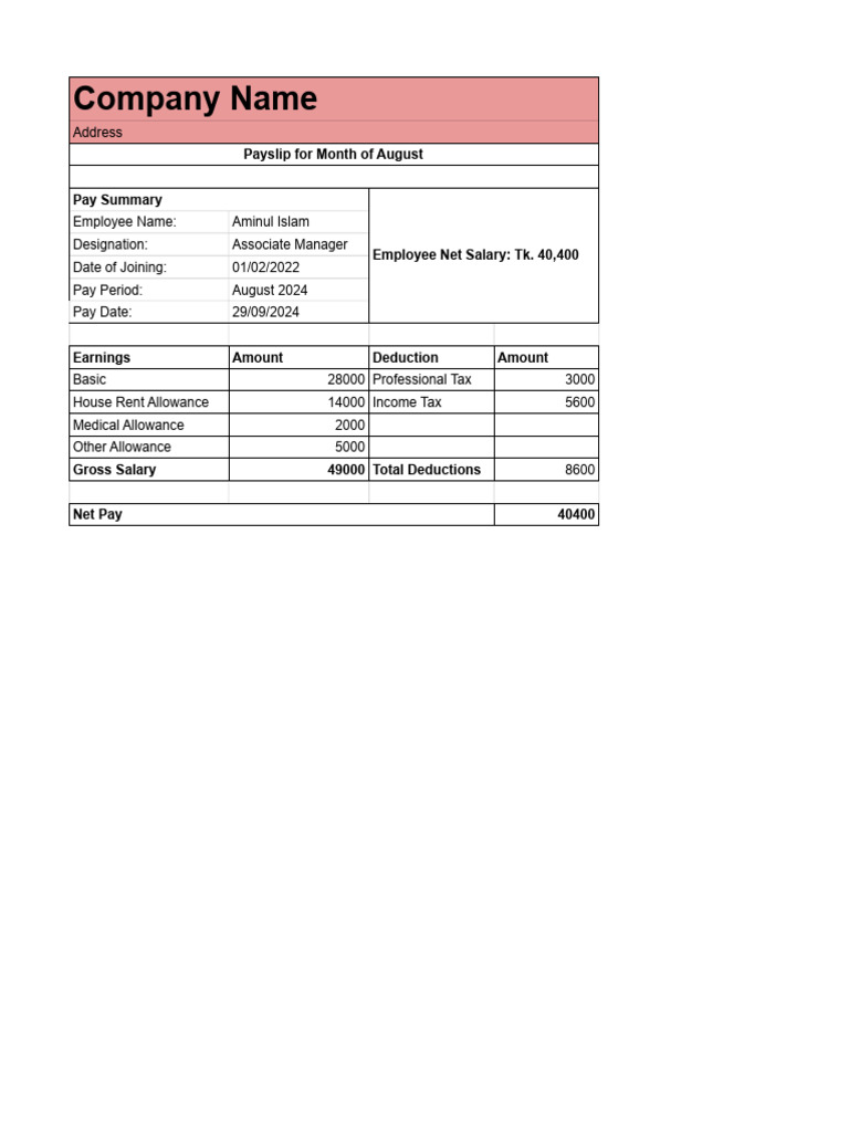 Salary Slip Format in Excel (Example 3) | PDF