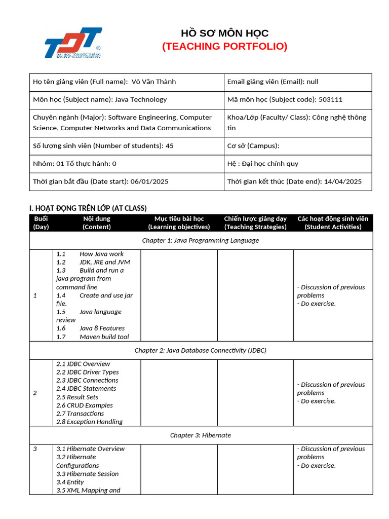 Hồ sơ môn học Java Technology-503111-01-0-2024-2 | PDF | Spring ...