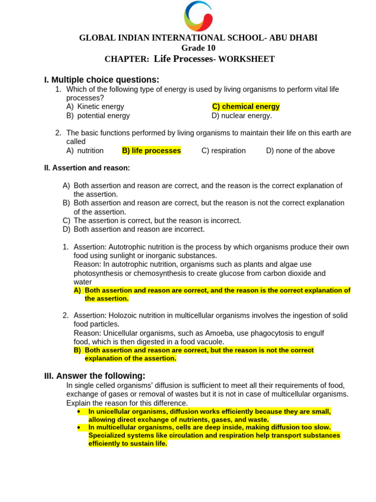 Grade 10 Life Processes Worksheet | PDF | Vacuole | Protozoa