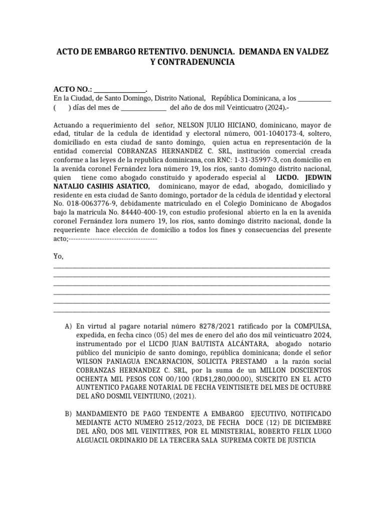 Embargo Retentivo y Demanda Judicial | PDF | Bancos | República Dominicana