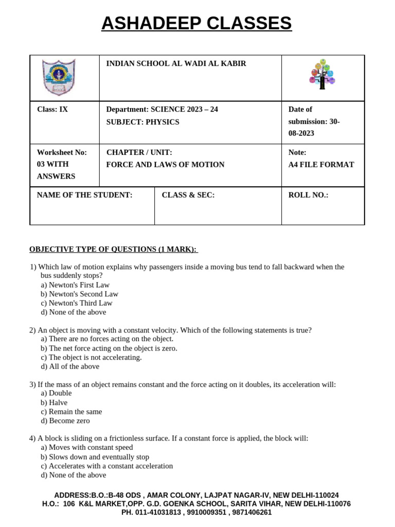Class 9 - Science - Phy - Force and Laws of Motion - Ws With Ans - Vivette | PDF | Force ...