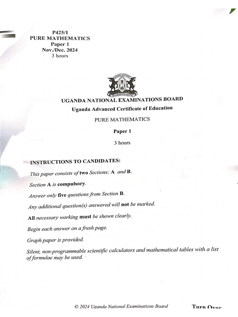 UACE Uneb Pure Mathematics 2024 | PDF