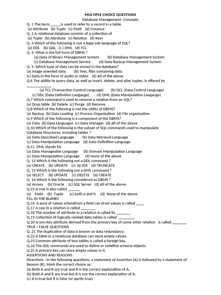 MULTIPLE CHOICE QUESTIONS-sql | PDF | Databases | Relational Database
