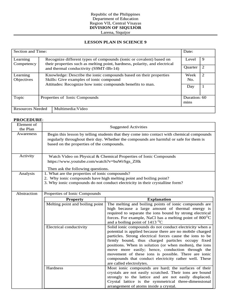 Science 9 DLP q2w2d1 | PDF | Chemical Compounds | Salt (Chemistry)