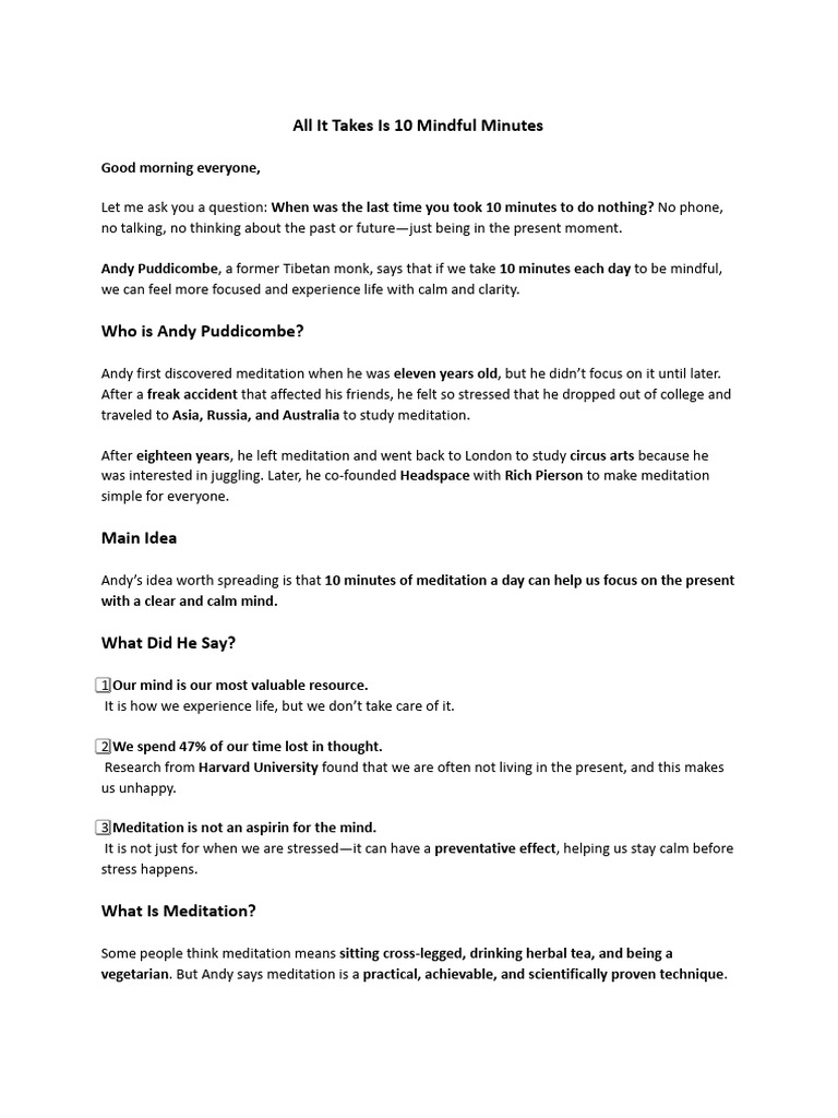 All It Takes Is 10 Mindful Minutes | PDF | Meditation