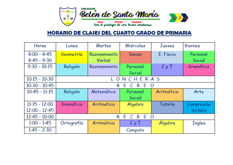 Horario Clases Cuarto Grado 2025 Pdf