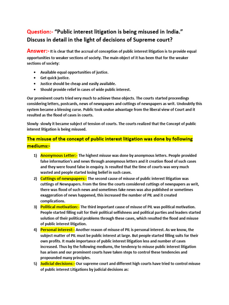 Public Interest Litigation Is Being Misused in India." Discuss in ...