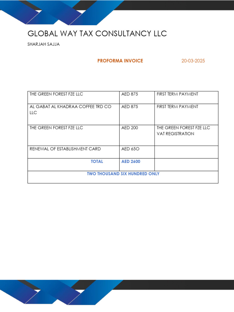 Global Way Tax Consultancy LLC Proforma Invoice | PDF
