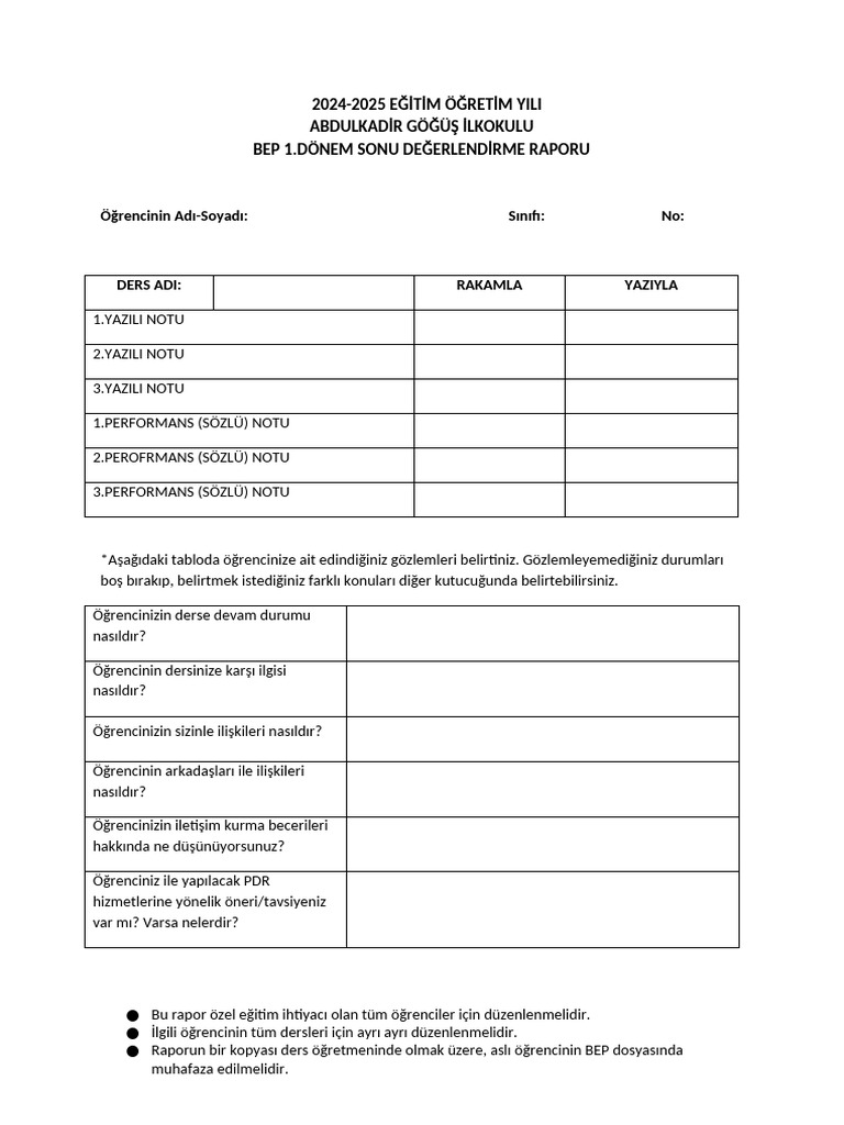 BEP 1.dönem Sonu Değerlendirme Raporu | PDF