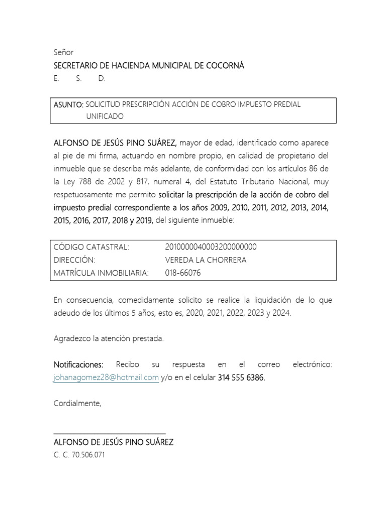SOLICITUD PRESCRIPCIÓN ACCIÓN DE COBRO IMPUESTO PREDIAL AÑOS 2009 A 2019. ALFONSO PINO SUÁREZ | PDF