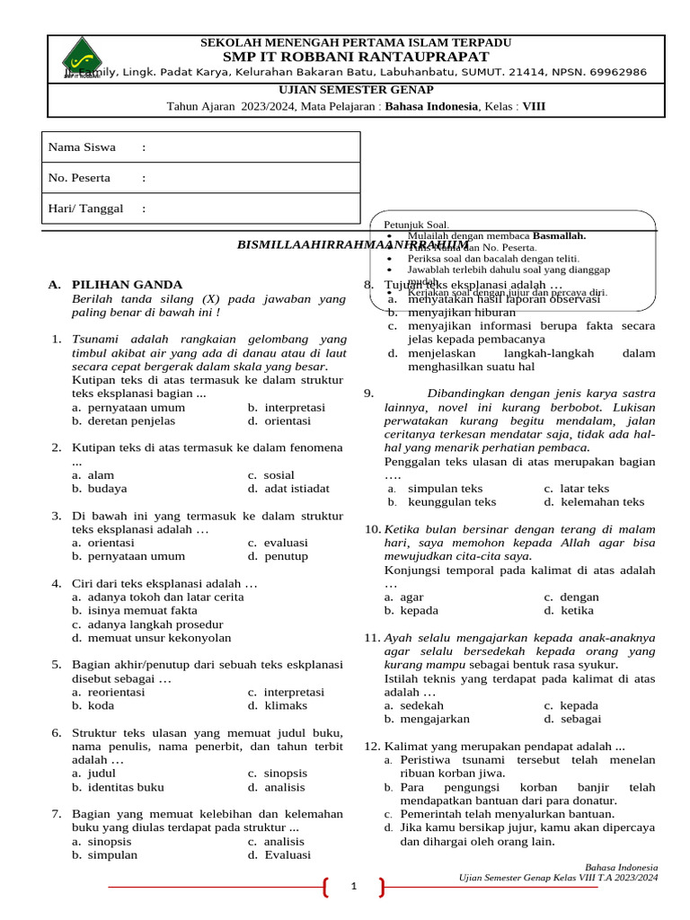 UAS Kls 8 semester2 2023-2024 | PDF