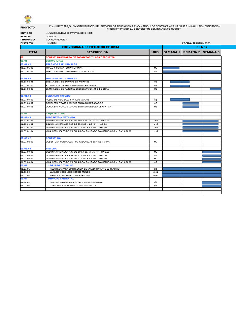 Cronograma de Ejecucion Ie. 38622 | PDF | Ingeniería estructural | Materiales de construcción