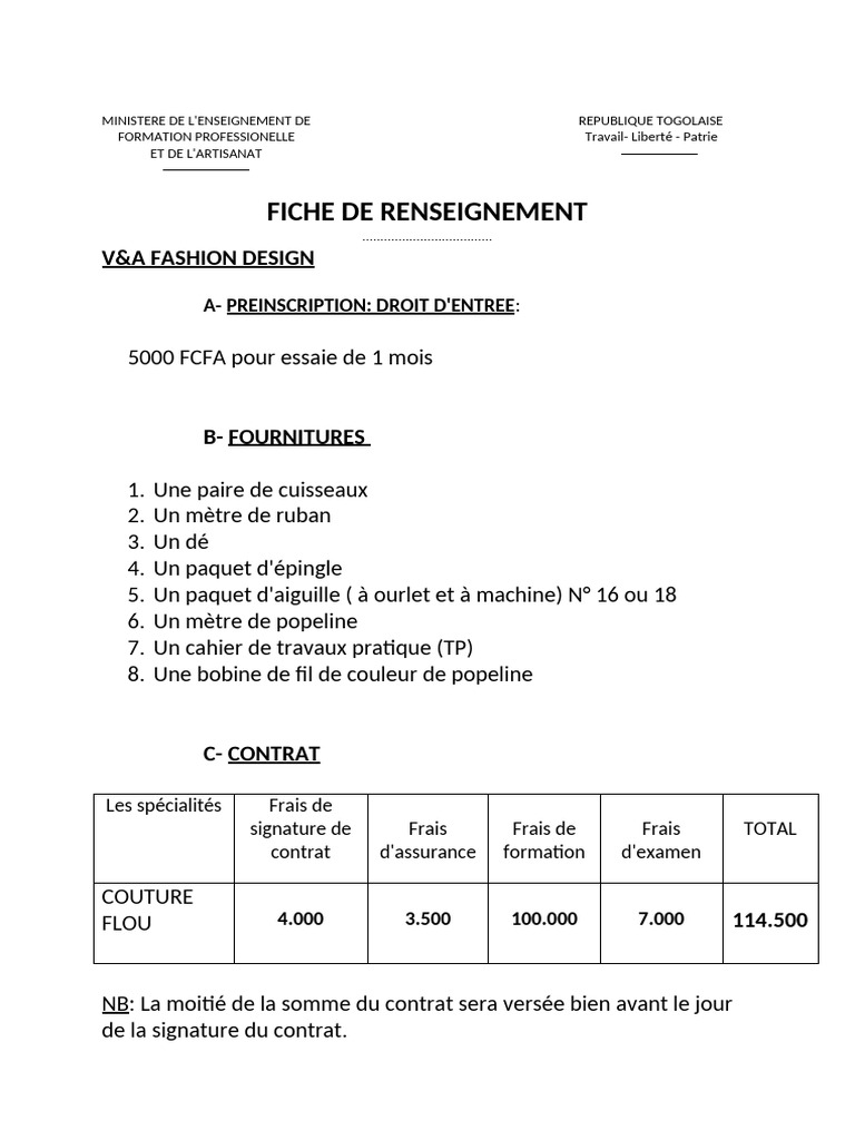 Fiche de renseignement V&A Fashion Design | PDF