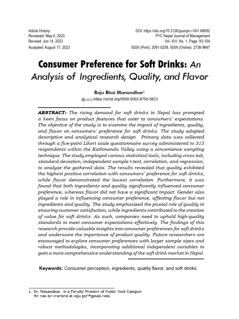 Consumer Preference For Soft Drinks:: An Analysis of Ingredients ...