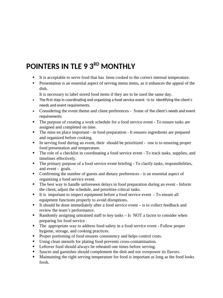 Pointers in Tle 9 3RD Monthly Quarter | PDF | Cooking | Kitchen