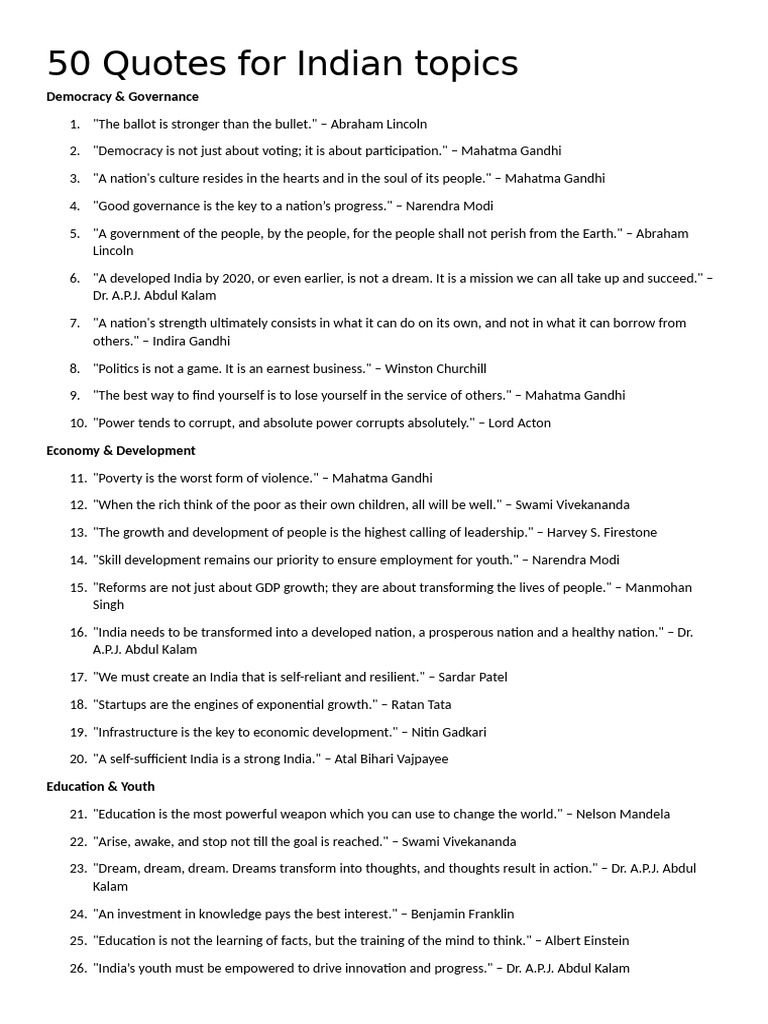 50 Quotes For Indian Topics | PDF