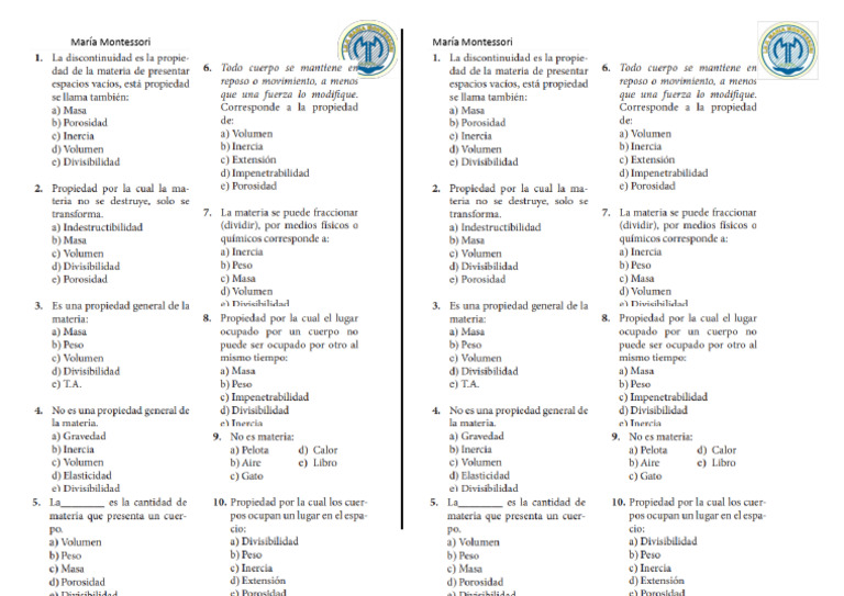 Propiedades de La Materia Practica 1ero Sec | PDF
