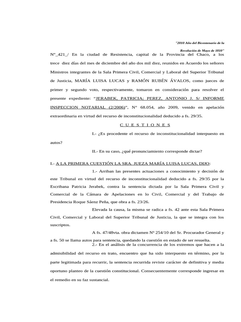 CHACO STJ SALA CIVIL 421 - 2010 - JERABEK y PEREZ S. INFORME INSPECCION ...