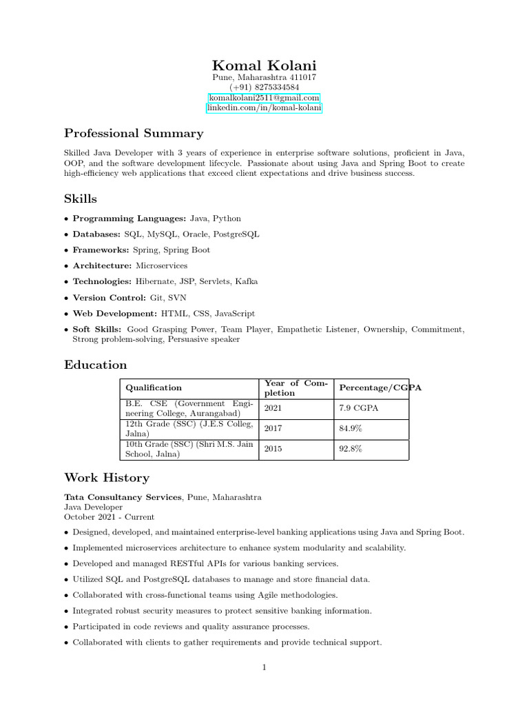Komal_Kolani_Java_Developer (2)-1 | PDF | Java (Programming Language) | Cloud Computing