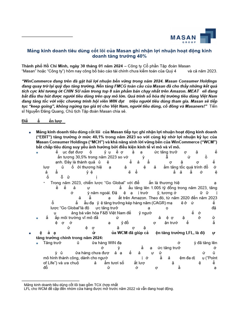 Công bố thông tin lợi nhuận Masan 2023 | PDF