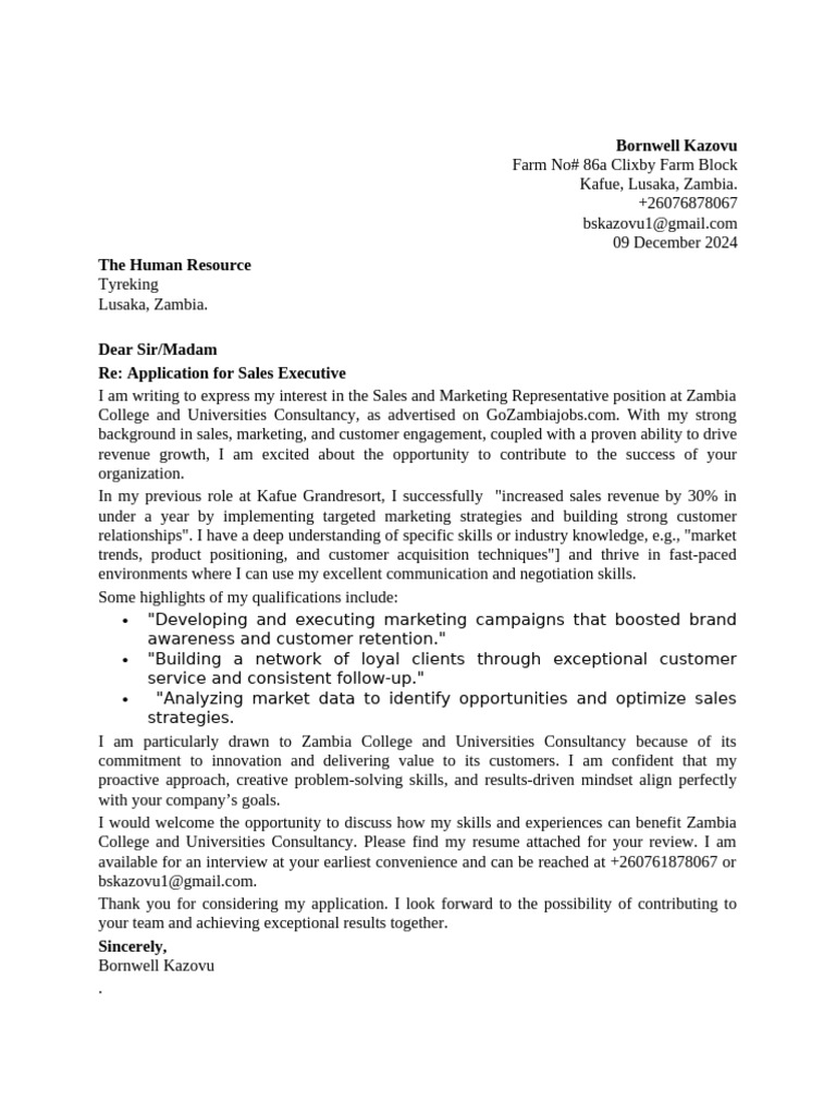 Sales and Marketing Application Letter | PDF | Marketing | Sales