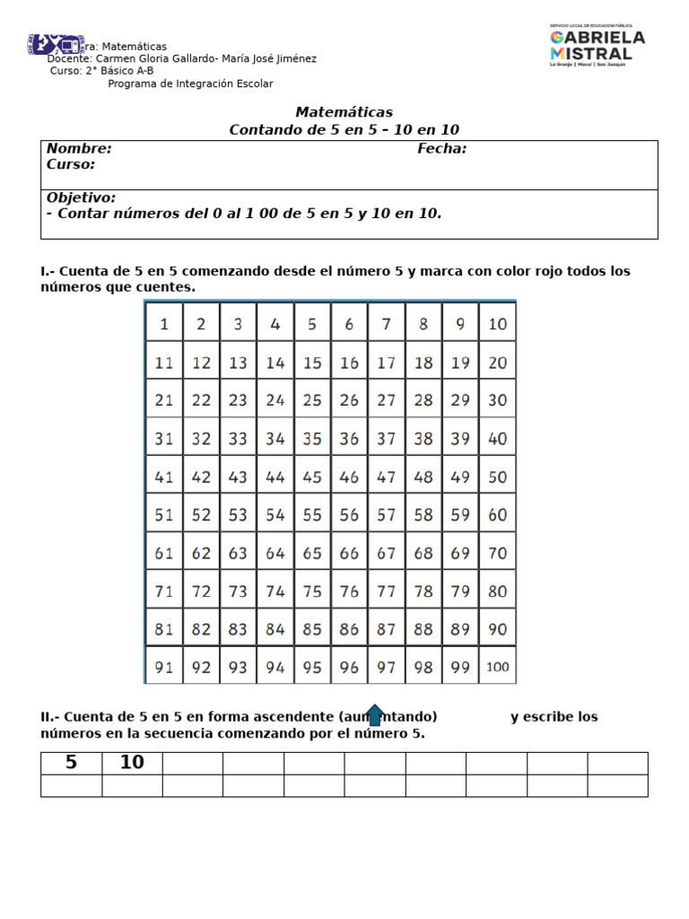 Plantilla Numeros Hasta El 100 Clase 3 Conteo 5 en 5 - 10 en 10 | PDF