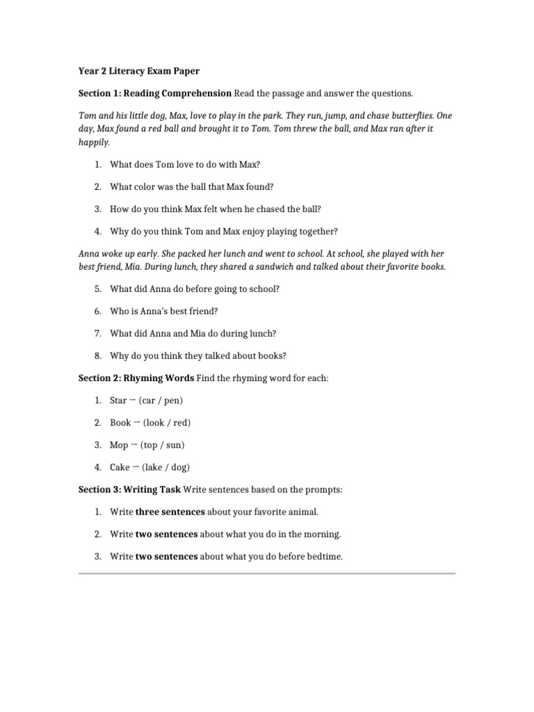 Year 2 Literacy and Art Exam Paper | PDF