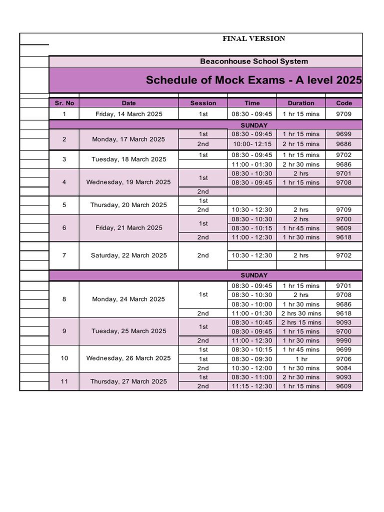 A Level Mock Exam Schedule 2025 | PDF