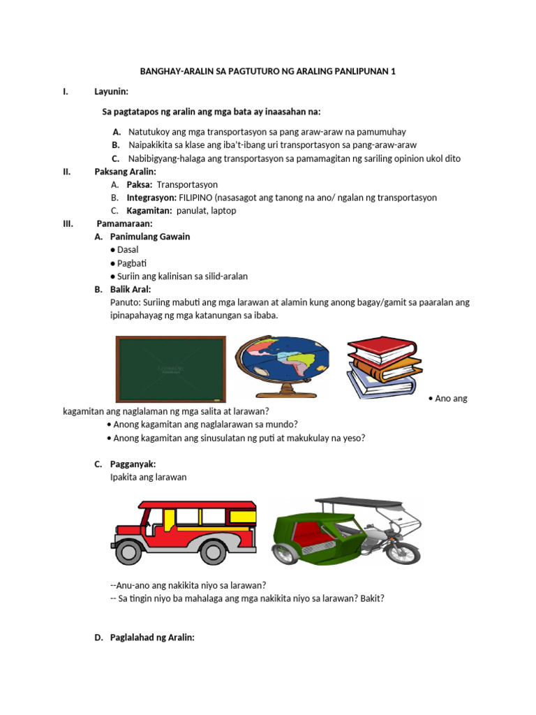 Transportasyon Lesson Plan | PDF