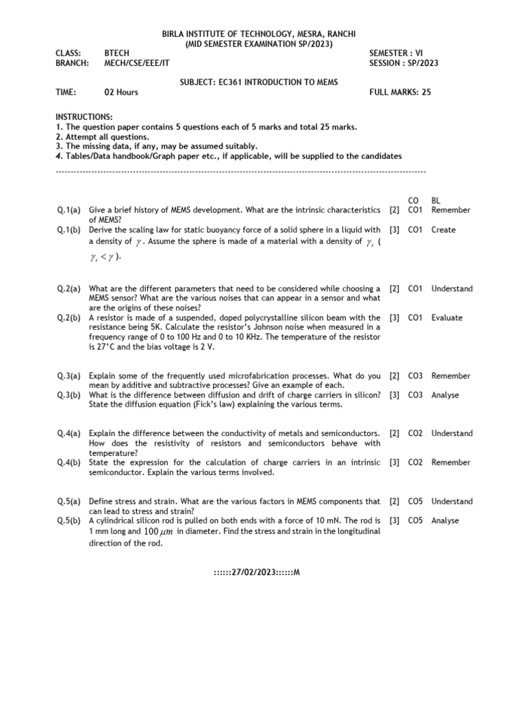EC361 MEMS Mid-Sem Exam Paper | PDF | Electrical Resistivity And ...