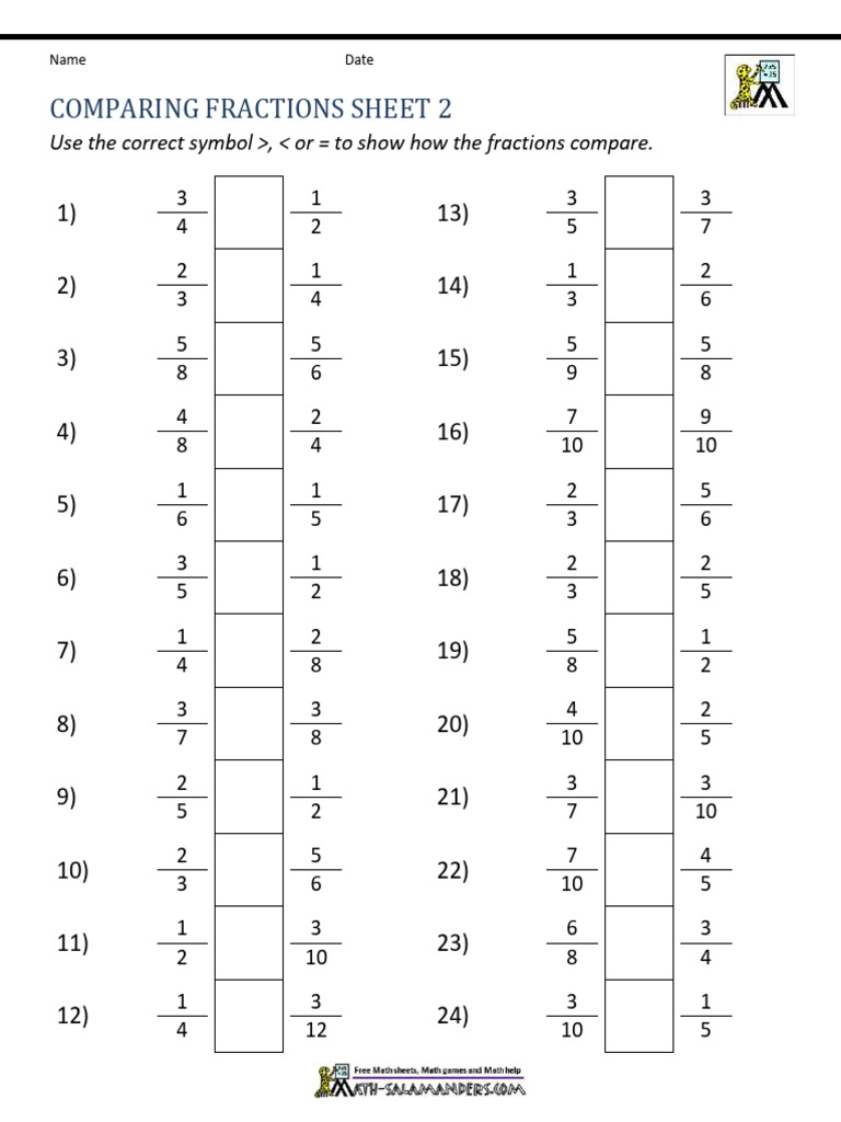 Comparing Fractions Sheet 23 | PDF