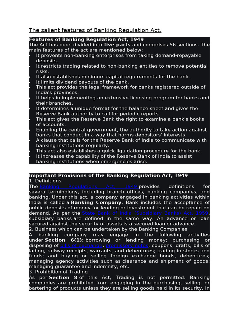 Salient Features of Banking Regulation Act | PDF | Banks | Reserve Bank ...