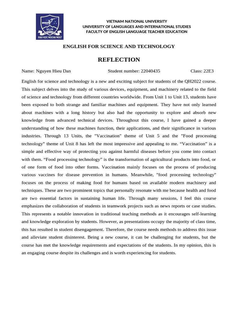 Reflection English for Science and Technology | PDF | Science ...
