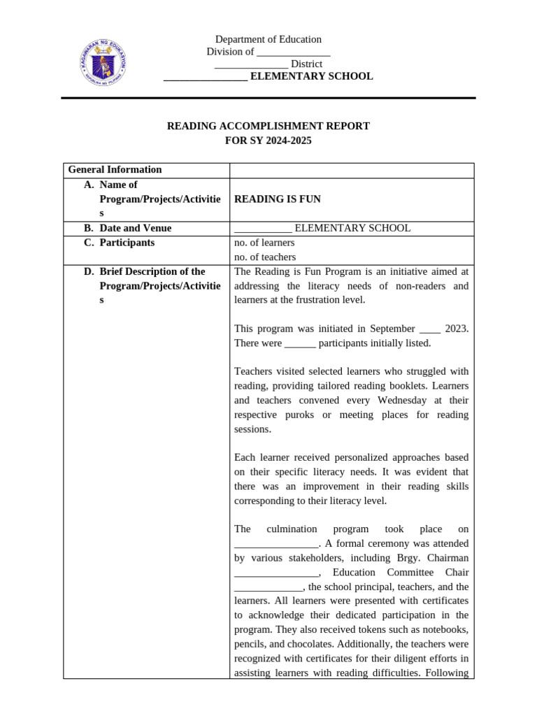 Reading Accomplishment Report Sample | PDF | Literacy | Reading (Process)