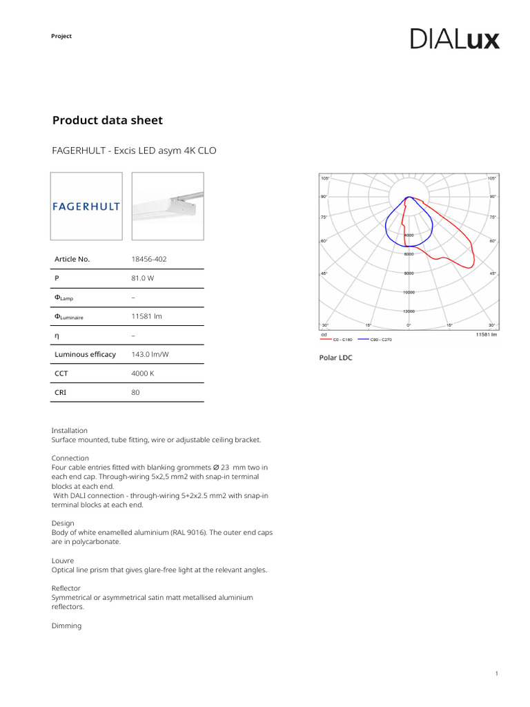 FAGERHULT Excis LED Asym 4K CLO Data Sheet | PDF