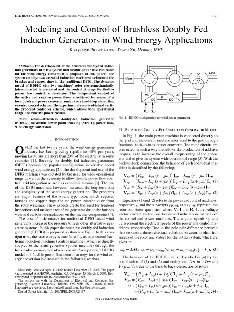 Modeling And Control Of Brushless Doubly Fed Induction Generators In Wind Energy Applications