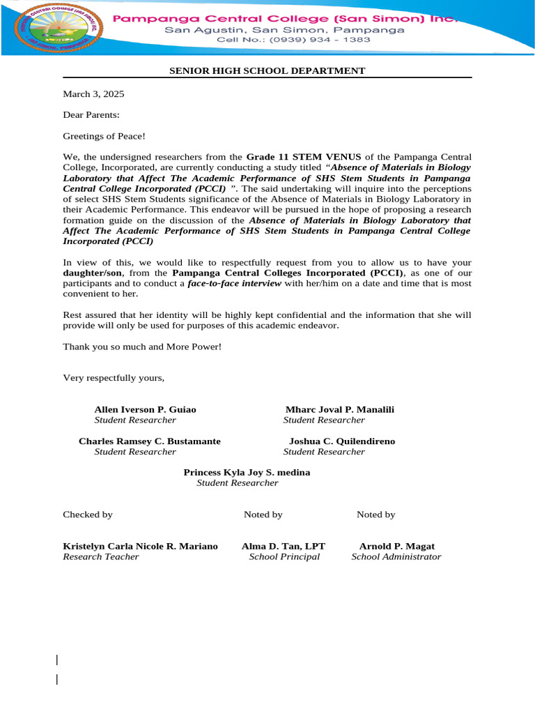 7 Letter To Parents Parental Consent Form PR1 | PDF