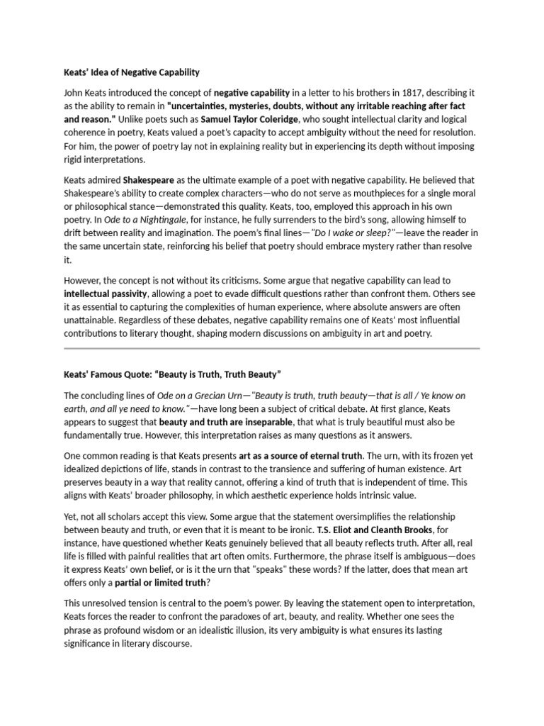 Keats' Idea of Negative Capability and Keats' Famous Quote: "Beauty Is Truth, Truth Beauty ...