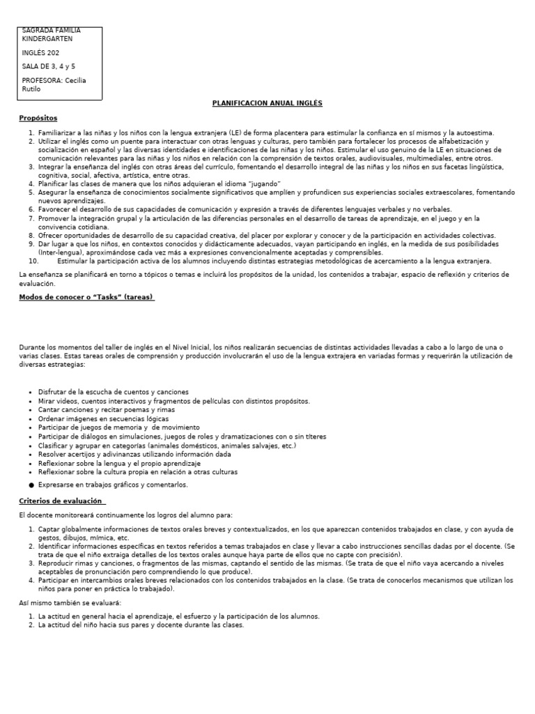 Planificación Anual de Inglés Inicial | PDF | Educación de la primera ...