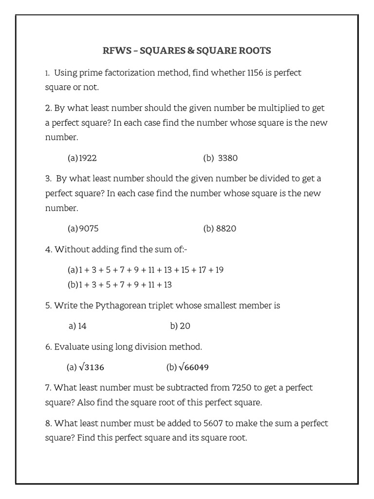 Square Roots and Perfect Squares Worksheet | PDF
