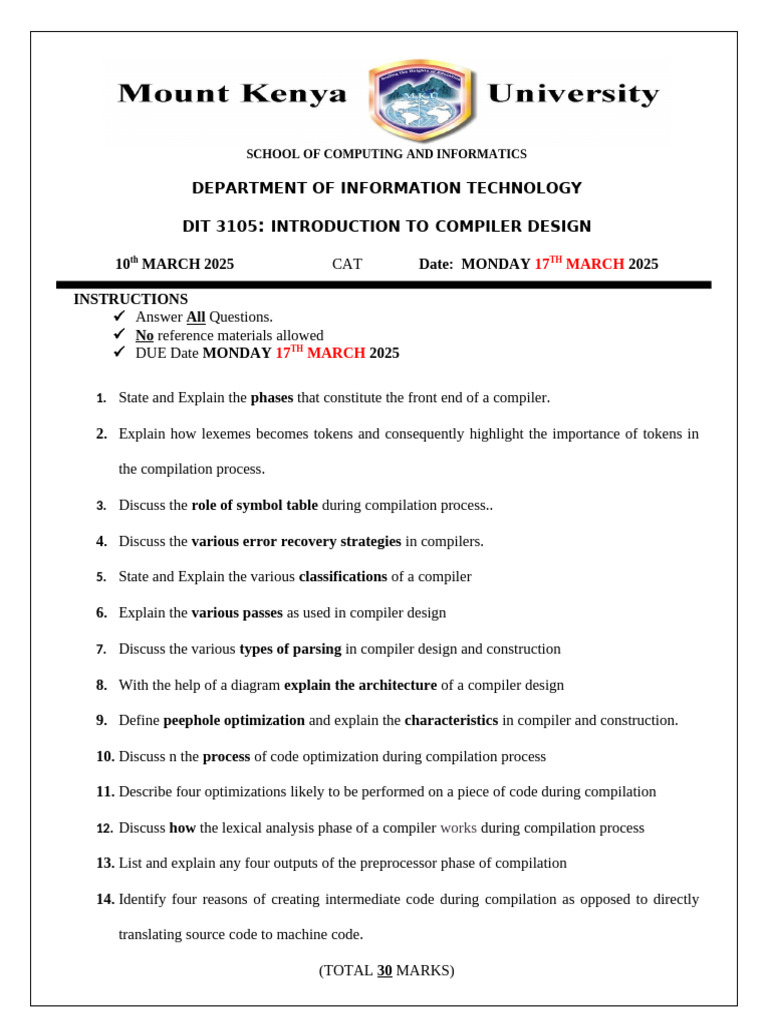 Dit 3105 Introduction To Compiler Design Cat | PDF