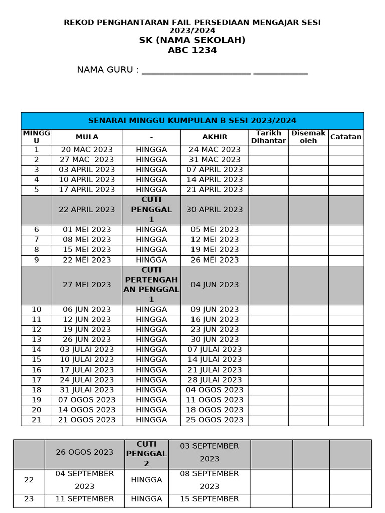 Rekod Penghantaran RPM Kump B 2023-2024 | PDF