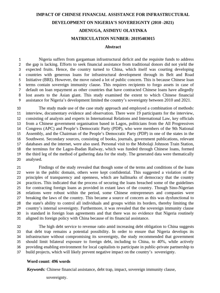 Abstract Impact of Chinese Financial Assistance For Infrastructural ...