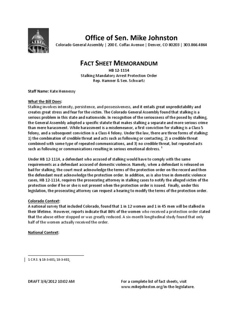 HB 12-1114 - Stalking Mandatory Arrest Protection Order | PDF ...