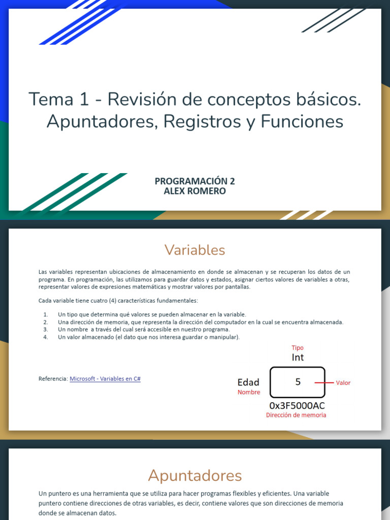 Tema 1 - Revisión de Conceptos Básicos - Apuntadores, Registros y Funciones | PDF | Variable ...