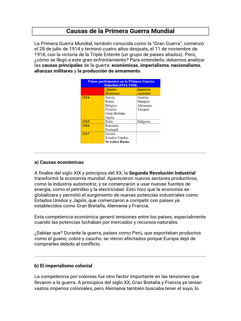 Causas de La Primera Guerra Mundial | PDF | imperio Alemán | Colonialismo